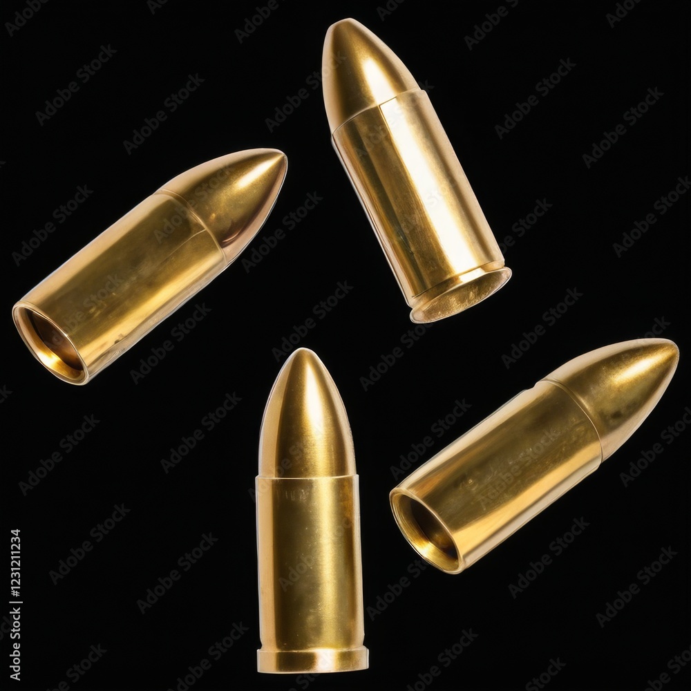 Brass bullet casings in various sizes and shapes arranged on black ...