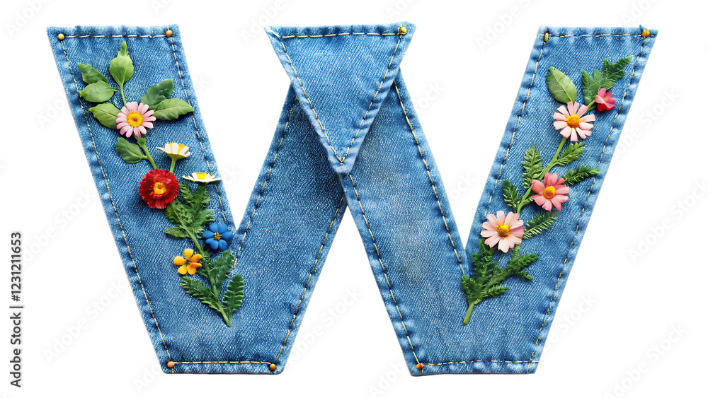 denim letter W with gentle flowers on with white background PNG Stock ...