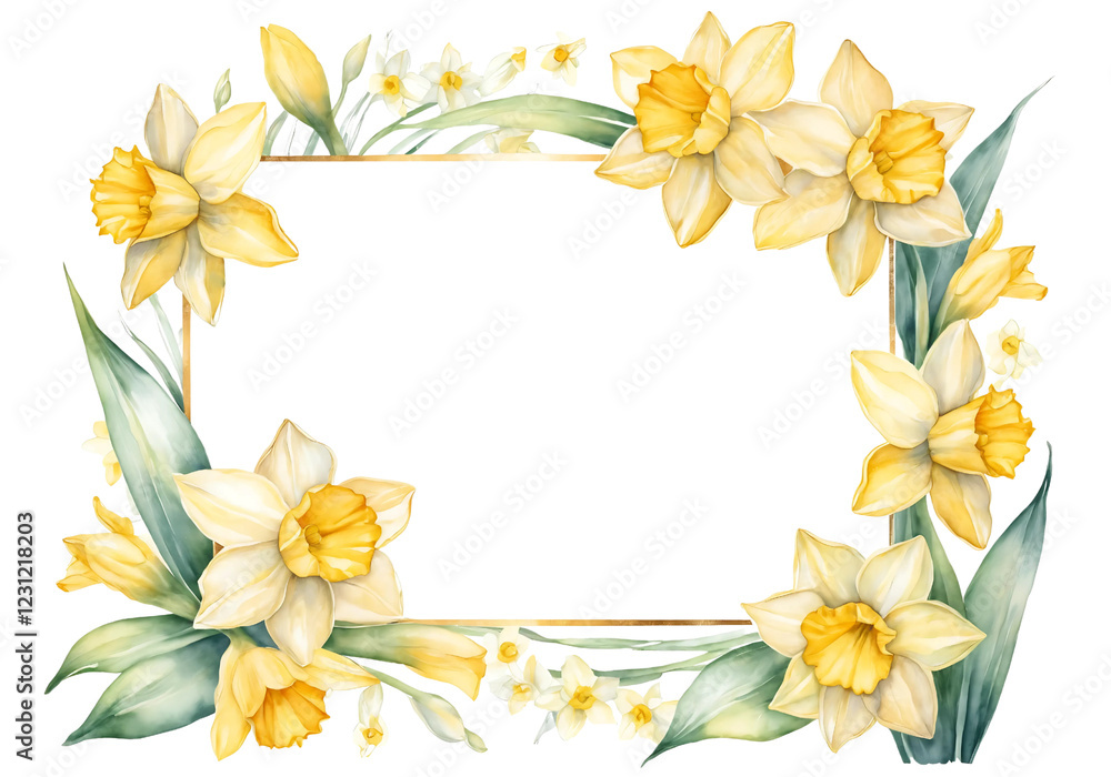 Flower frame. Watercolor yellow daffodils around the frame isolated on ...