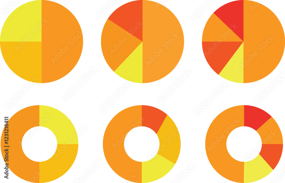 Pie charts diagrams. Pie chart infographic set. Different color circles. donut and pie chart ...