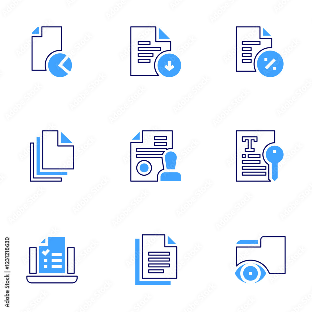 Documentation icon set. Bold line style. Duotone colors. Editable stroke. papers, online ...