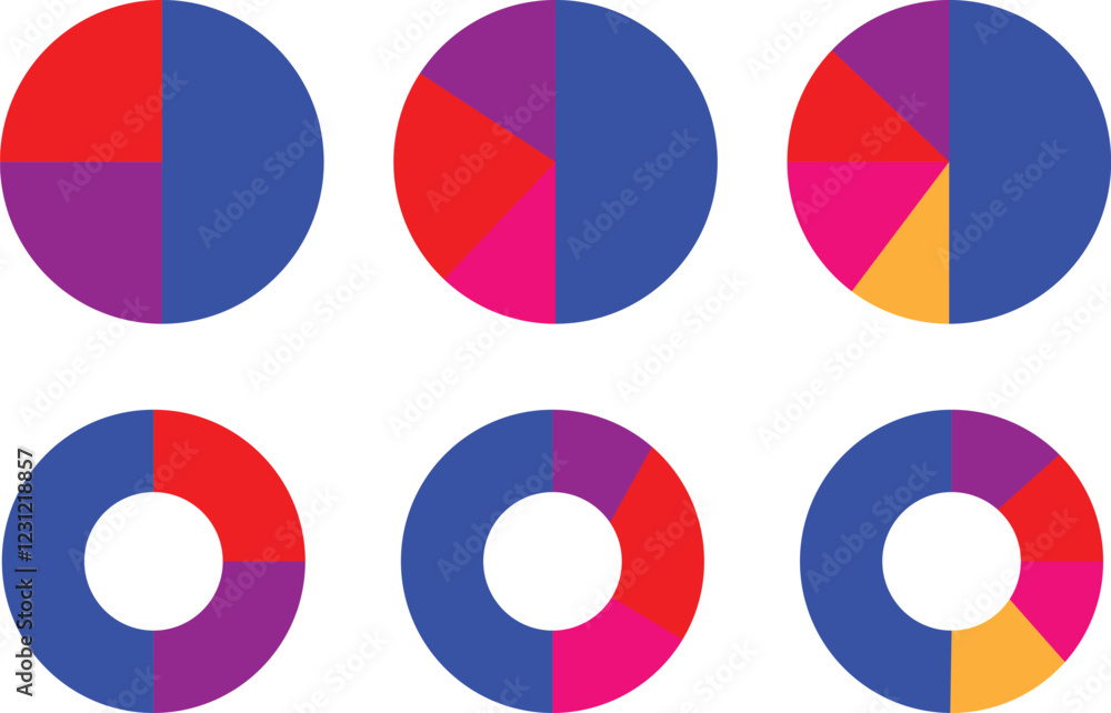 Pie charts diagrams. Pie chart infographic set. Different color circles. donut and pie chart ...
