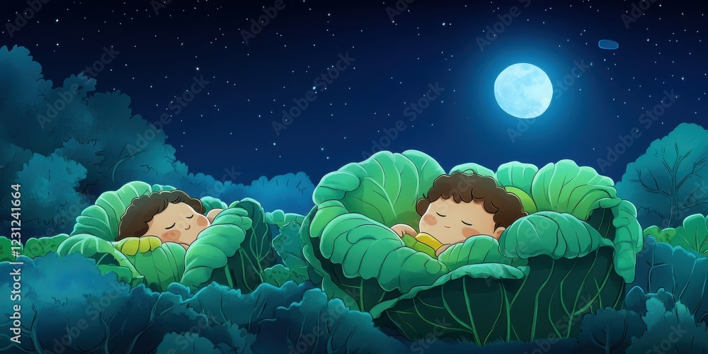 Two children sleep soundly nestled in giant cabbages under a tranquil ...