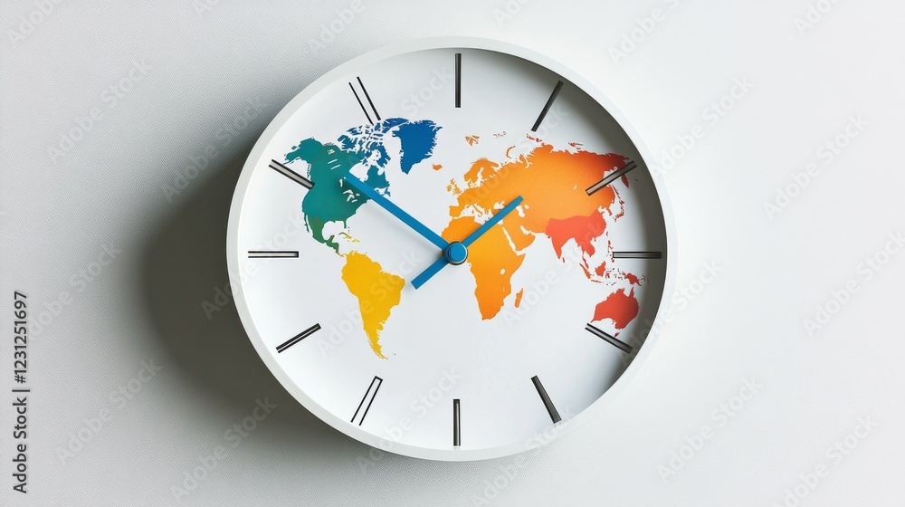 16.A creative round clock displaying a vivid world map with time zones ...