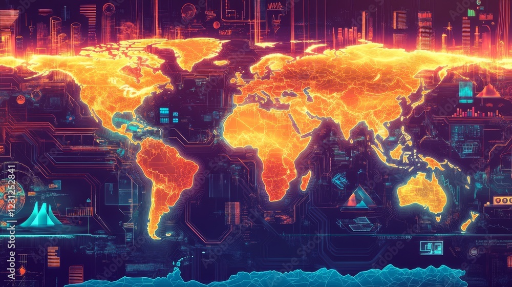 9.A futuristic map of the world, highlighting flood-prone regions with ...