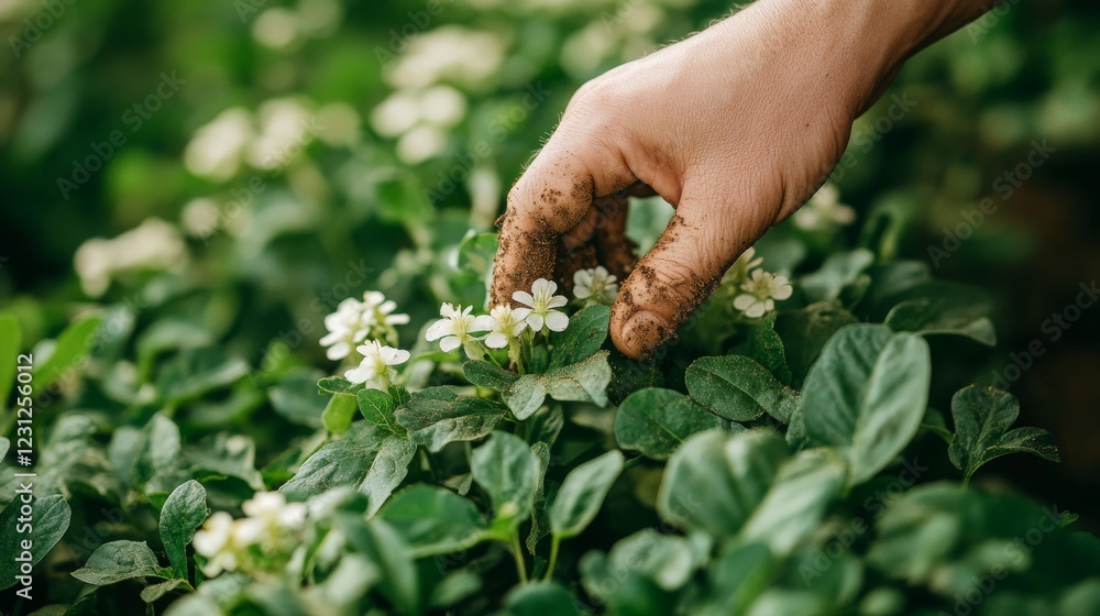 57.A close-up shot of a hand with dirt-speckled fingers gently touching ...