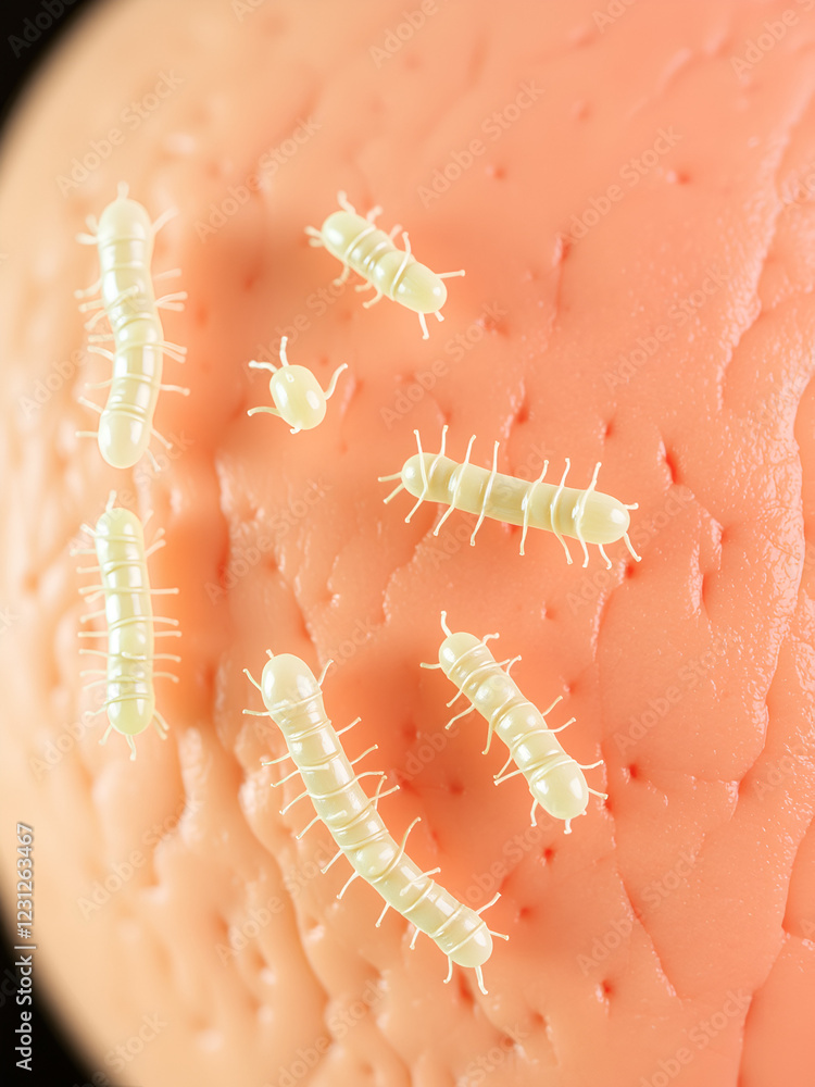 Bacteria on surface of skin, mucous membrane or intestine, model of ...
