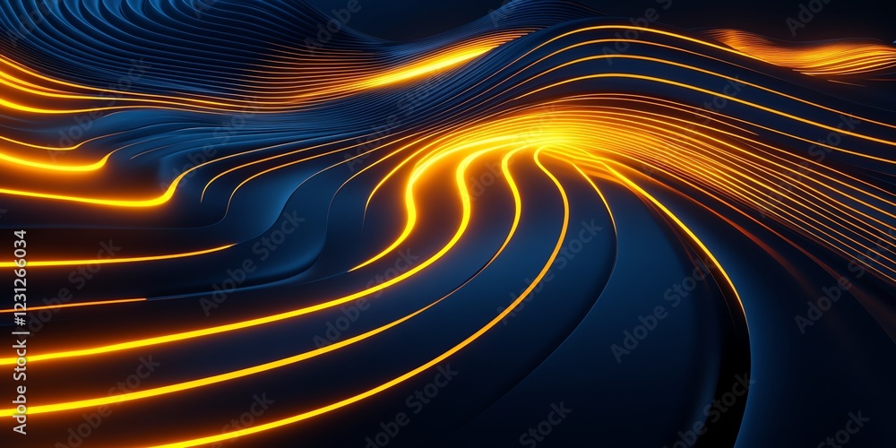 Futuristic curved and wavey lines, 3D, reflective, yellow and navy blue ...