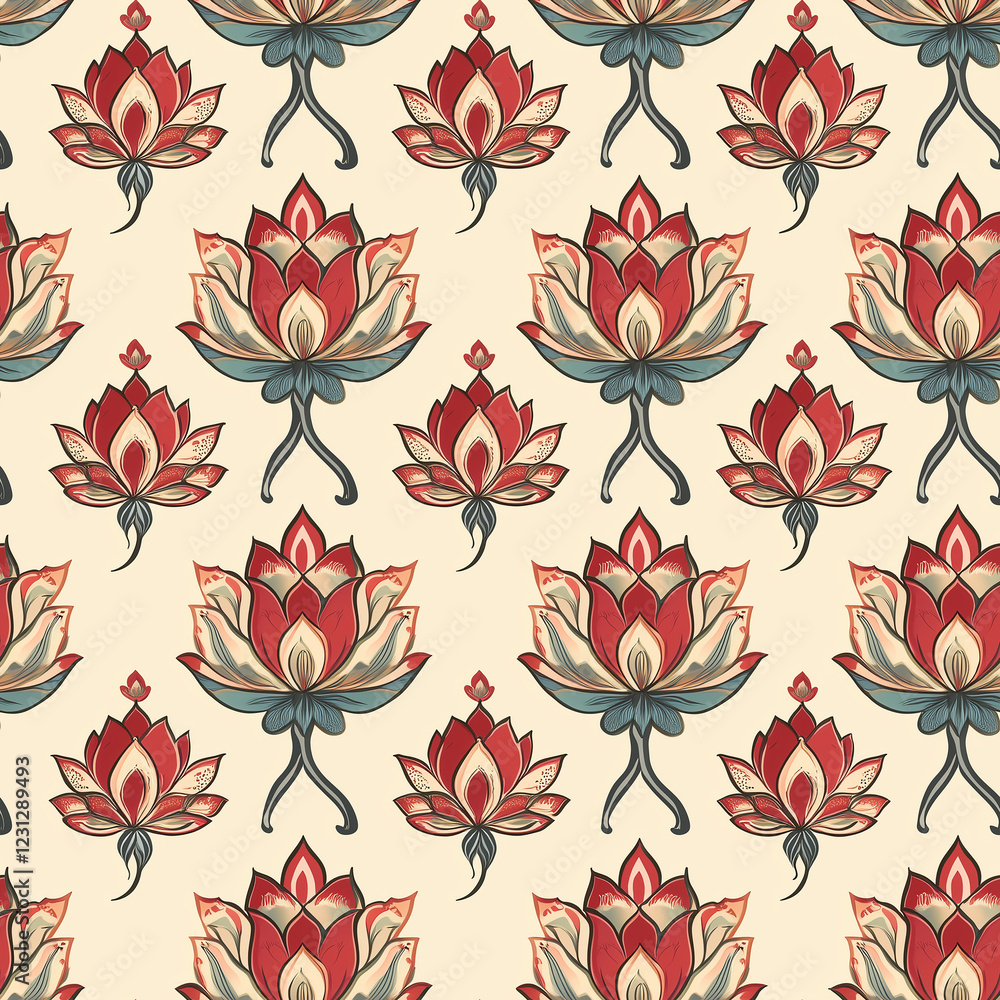 Floral pattern featuring red and blue lotus flowers on a cream ...