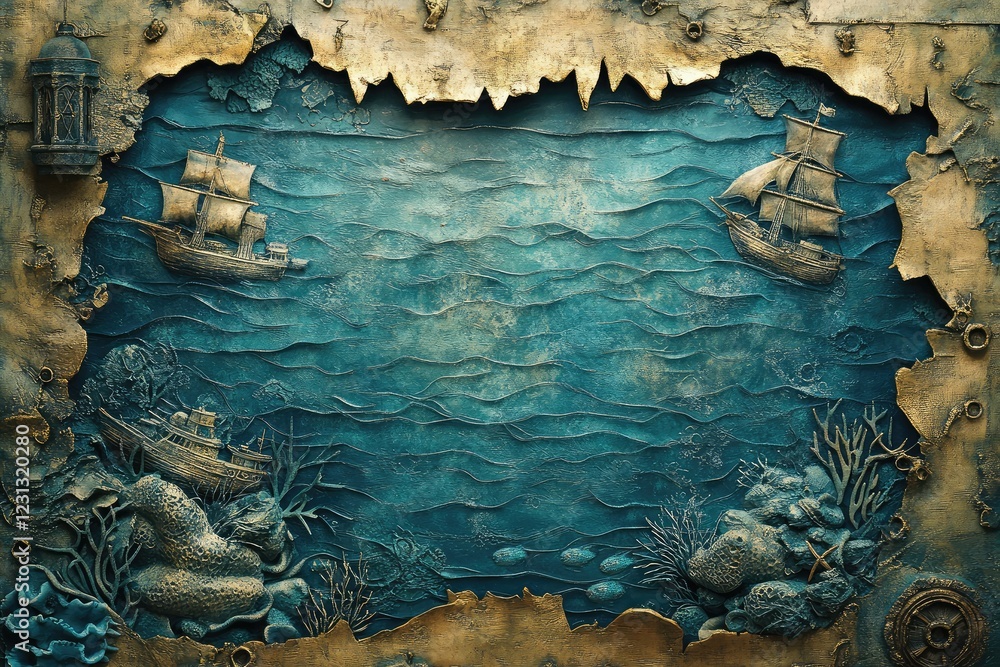 Underwater treasure map with sunken ships and marine life illustrations ...