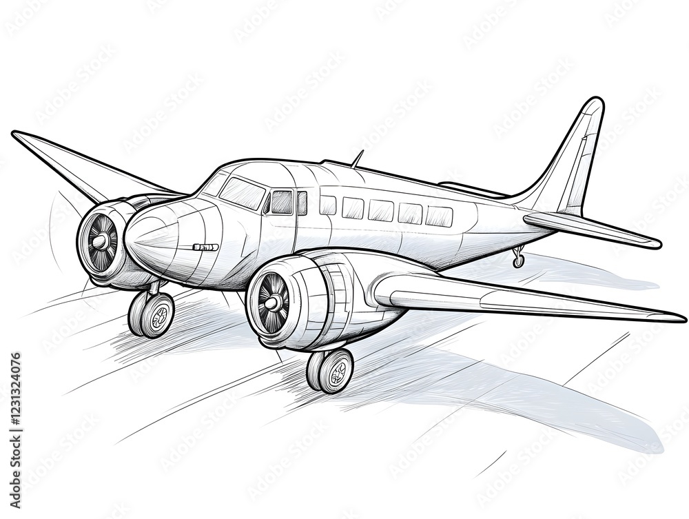 Detailed Technical Outline Sketch of an Aircraft for Coloring and ...