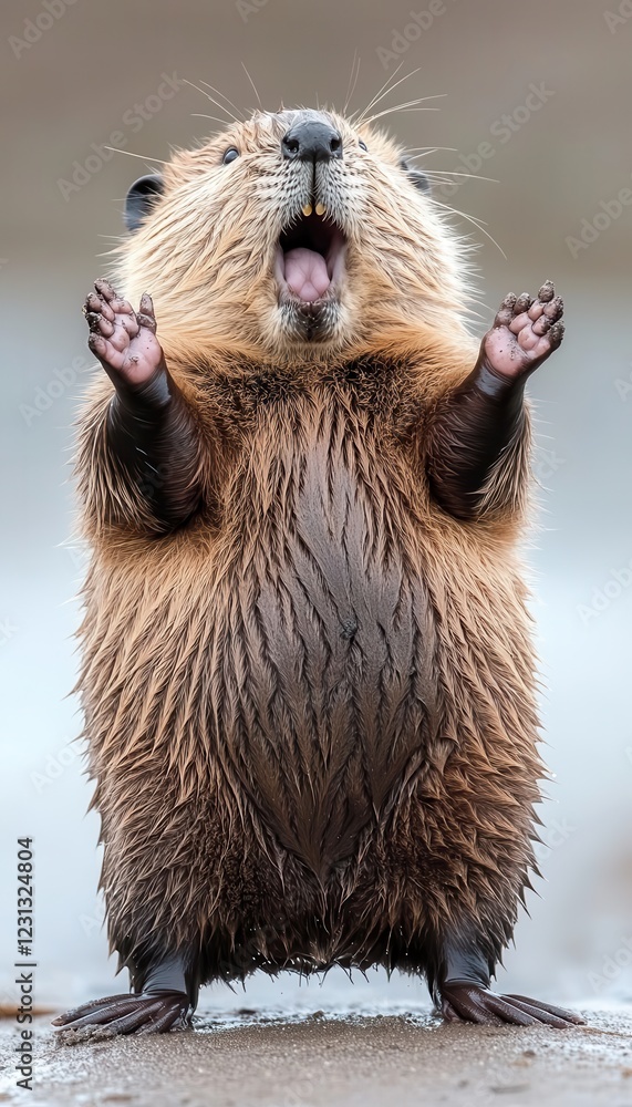 A wet beaver stands on its hind legs, paws raised, with its mouth open ...