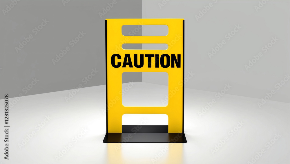 Caution Sign: A bright yellow, flat, and minimalist caution sign stands ...