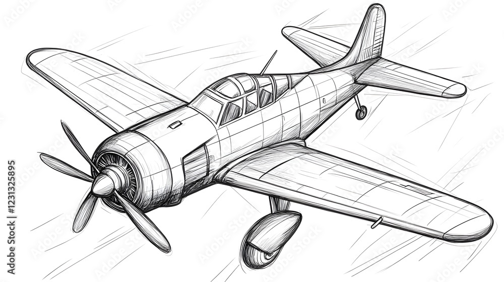 Detailed Technical Outline Drawing of Vintage Propeller Powered ...