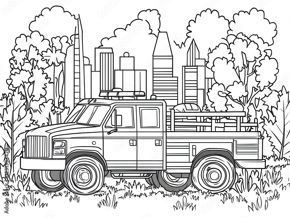 Professional emergency vehicle fire truck in blank line drawing for ...