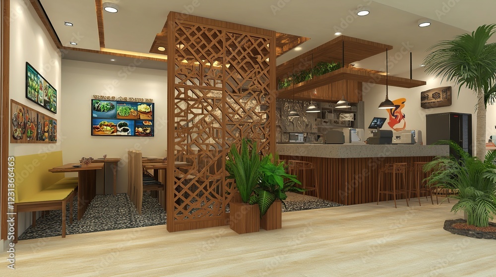 Modern cafe interior design, wooden divider, tropical plants, menu ...