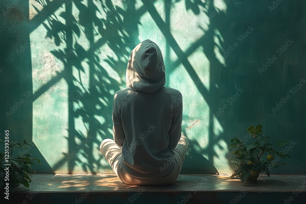 Sad depressed man in hoodie reflecting trauma and guilt on city street ...