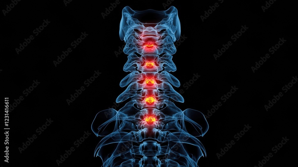 Digital X-ray of a human cervical spine with highlighted pain points ...