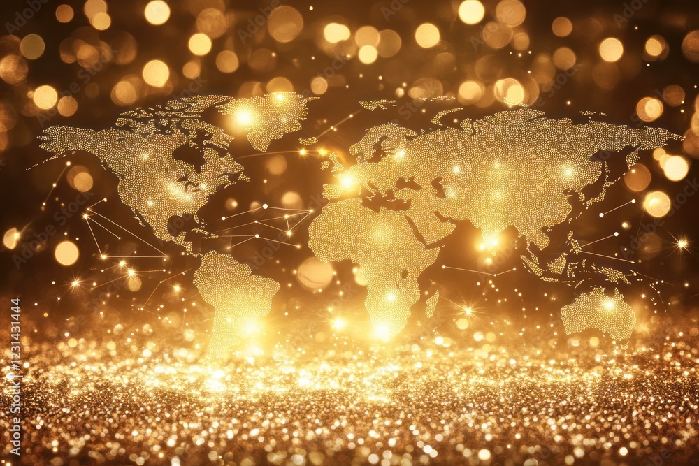 Golden world map with sparkling glitter and connecting lines ...