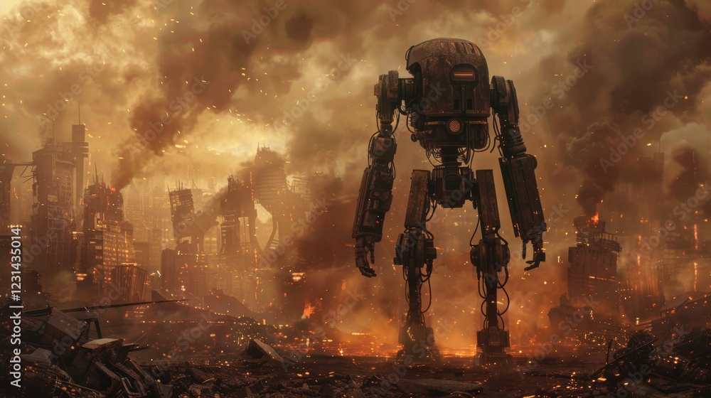 Giant robot ruins post apocalyptic city wasteland war destruction dystopian sci-fi tech machines ...