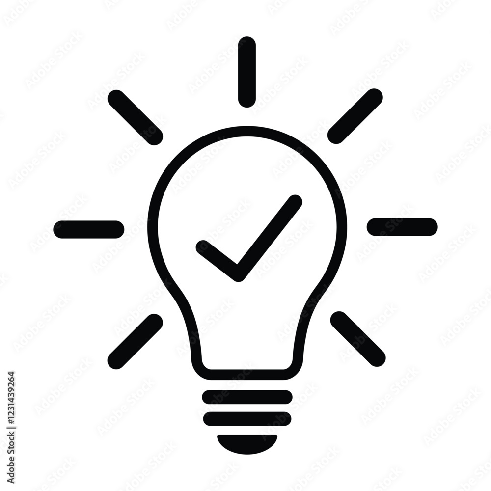 light bulb checkmark icon. ideas symbols. electric lamp and power signs. glowing light bulbs ...