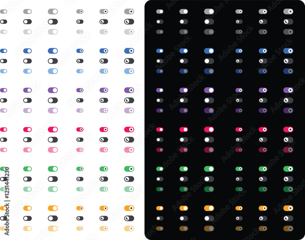 On and Off toggle switch buttons. Green active state and grey inactive state color button set ...