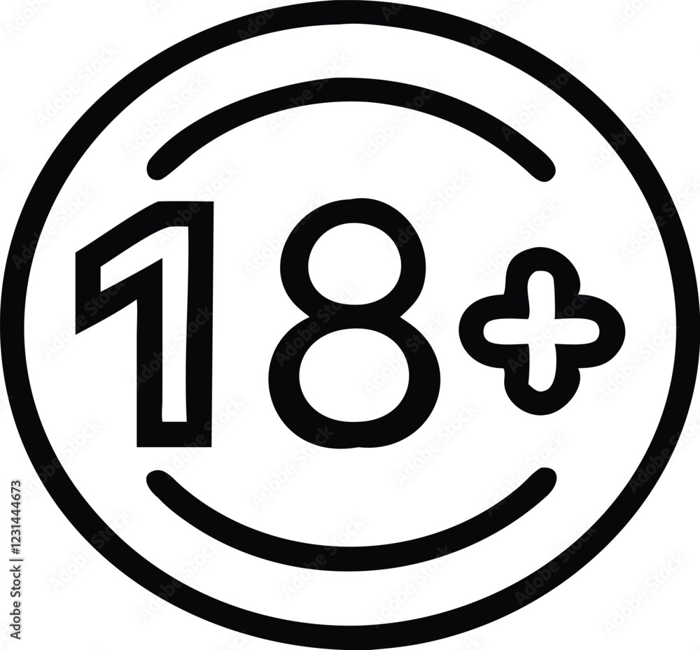Minimalist icon design, black and white graphic, number 18, plus symbol ...