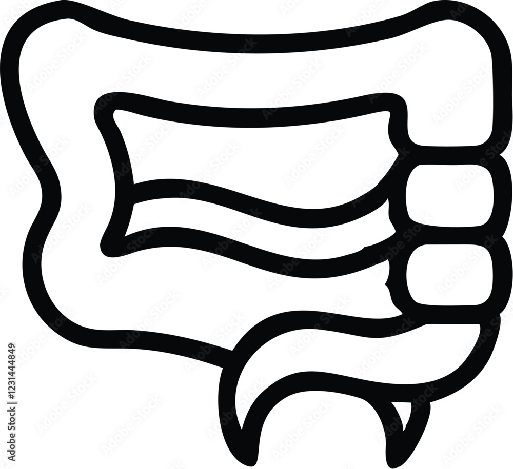 Line drawing, simplified intestine diagram, black and white, minimalist ...