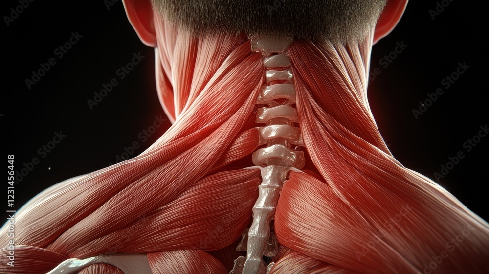 Medical illustration of neck pain, showing inflamed muscles and ...