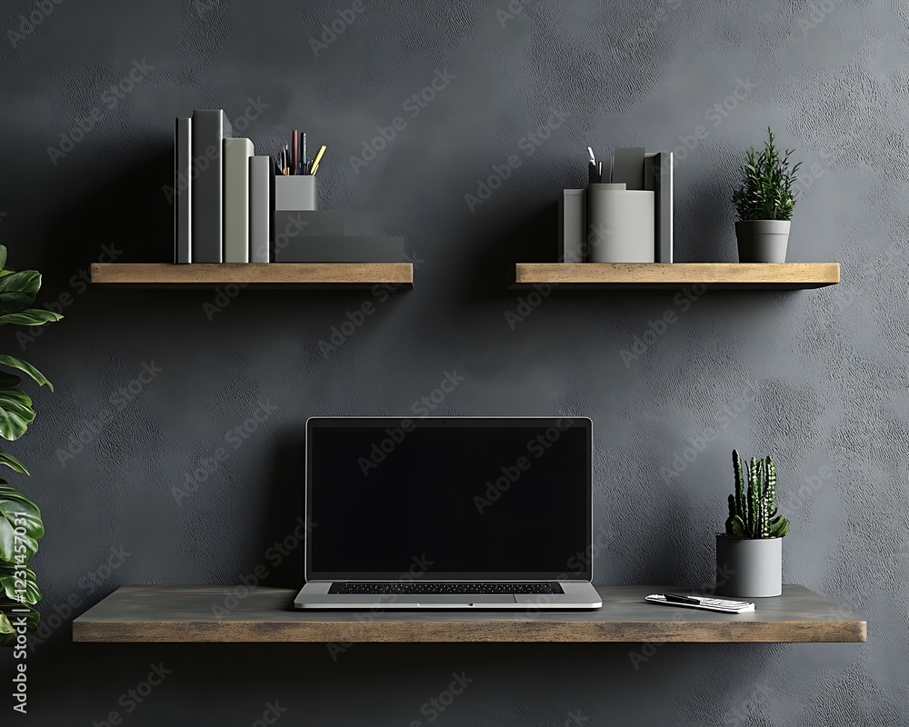 Compact study setup with a slim laptop and wall-mounted shelves Stock ...