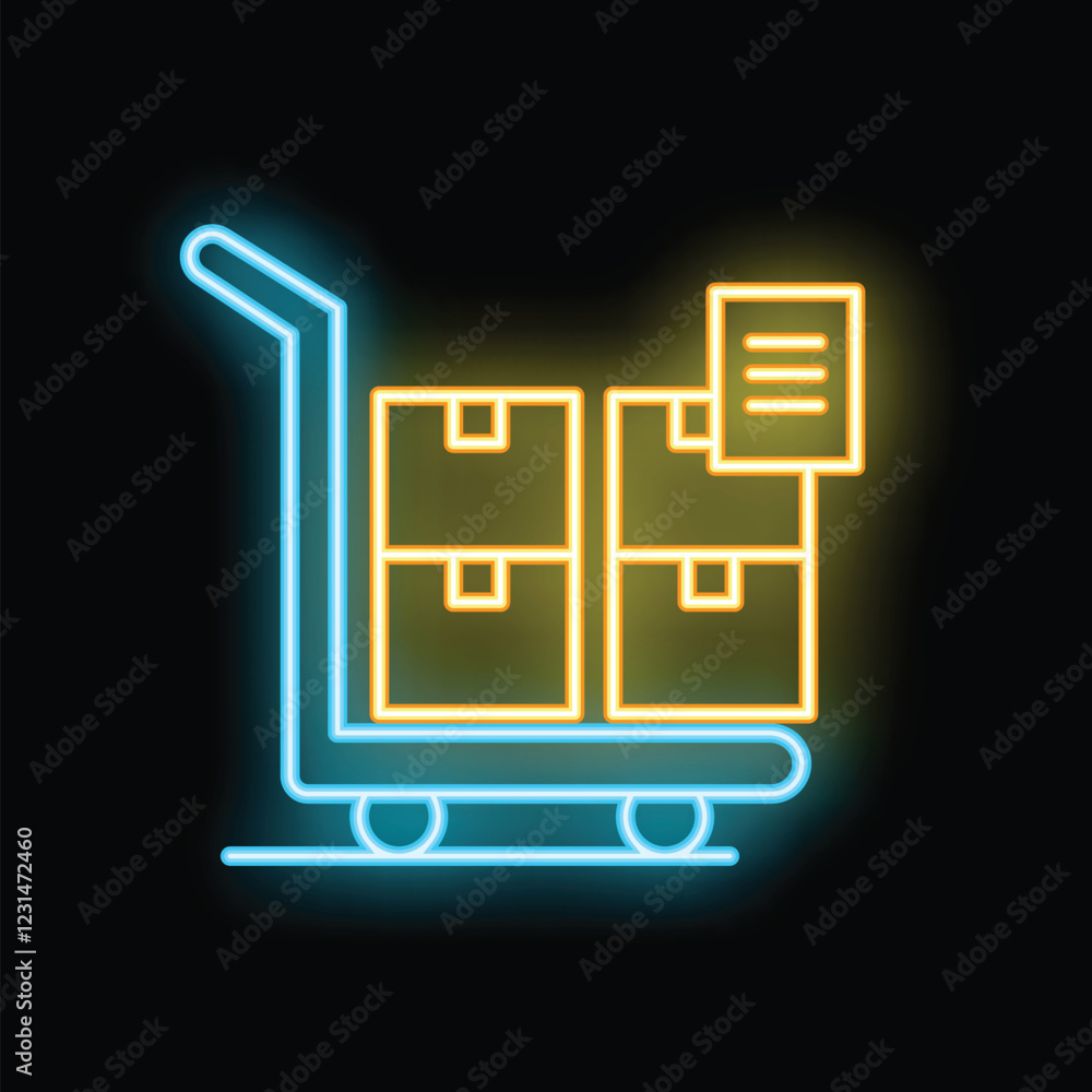 Neon hand truck carrying cardboard boxes with inventory list symbol ...