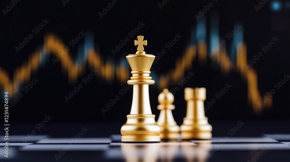 Golden chess pieces on board with stock market graphs in background ...