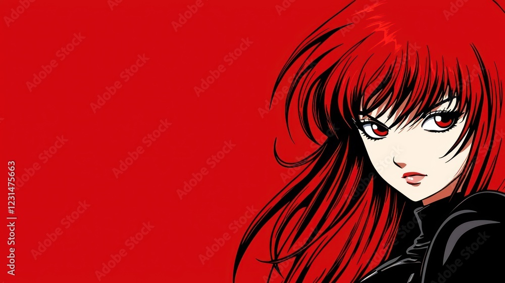 Red-haired anime girl portrait, intense gaze, red background, digital ...