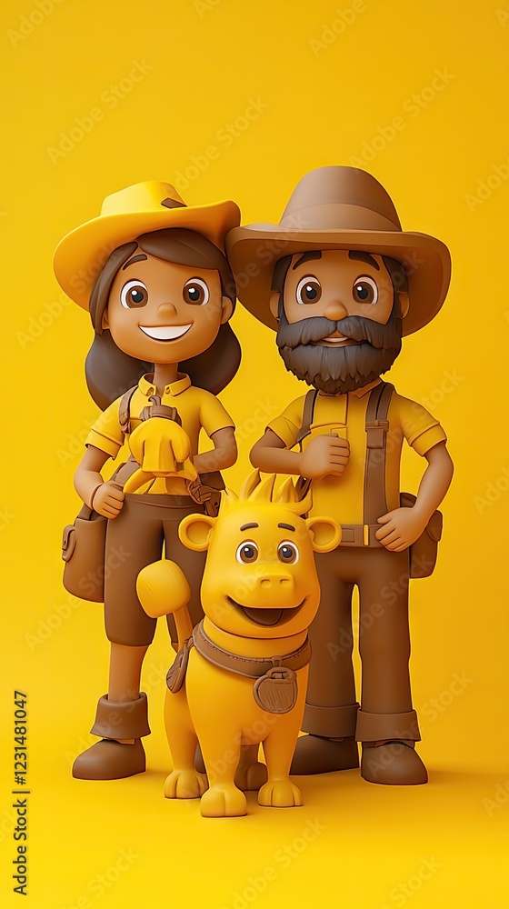 Cartoon explorers, dog, adventure, yellow background, kids illustration ...