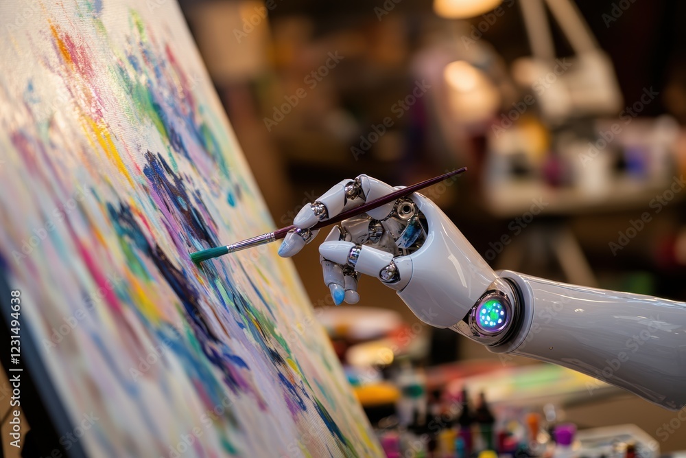 Robot hand painting on canvas in art studio with vibrant colors and ...