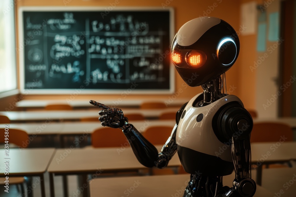 Robot teaching in an empty classroom, showcasing AI technology in ...