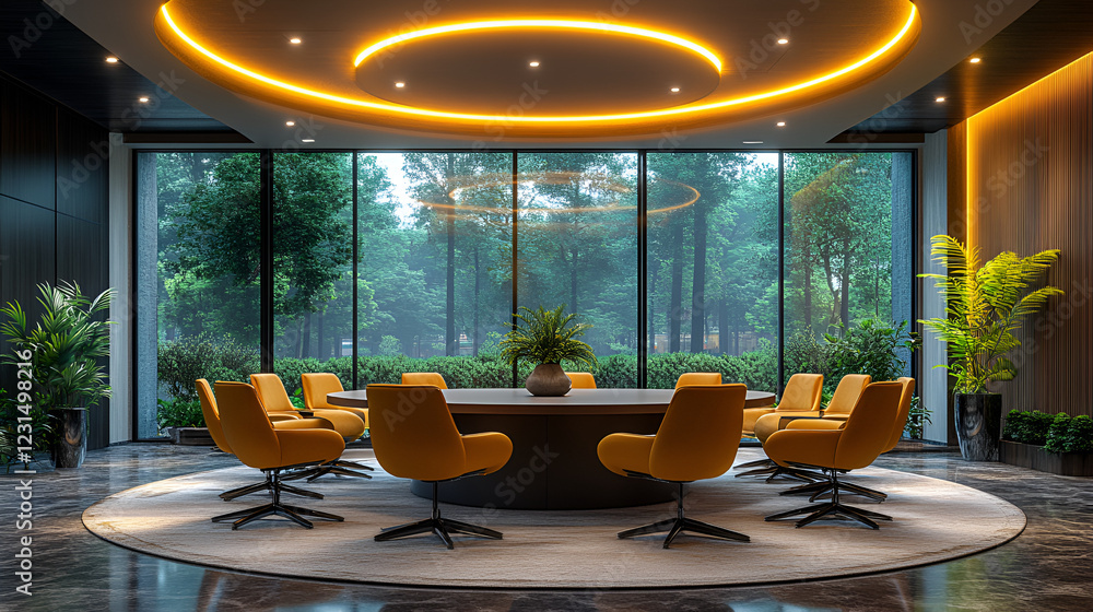 Modern luxurious meeting room with circular layout and forest view ...