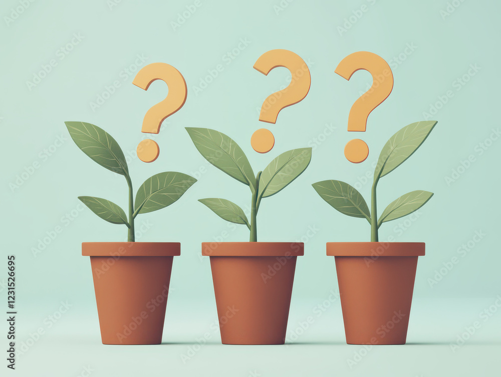 Growing plants with question marks above them symbolize curiosity and ...