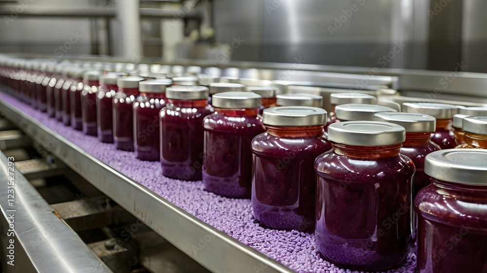 Row of purple jam glass jars on production line in modern food ...