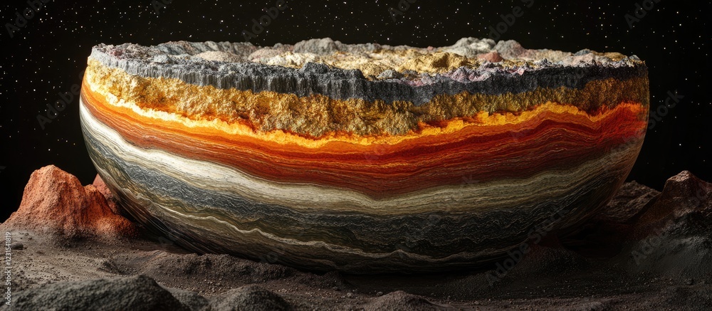 Cross section of a planet displaying vibrant orange and yellow mineral ...