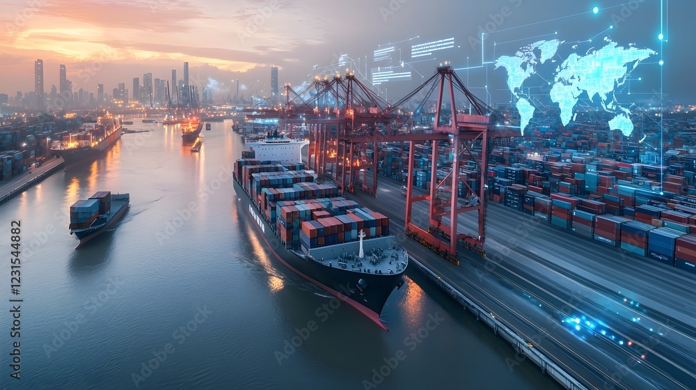 Aerial view of an interconnected smart shipping port with automated ...