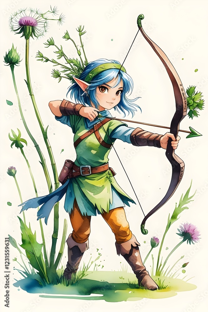 Whimsical fantasy illustration of an elven archer drawing a bow ...