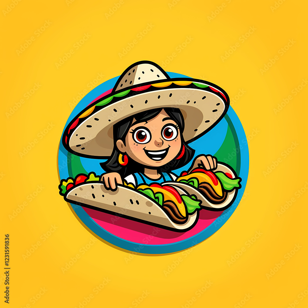 Happy girl with taco hat cartoon style / Niña sonriente con sombrero de ...