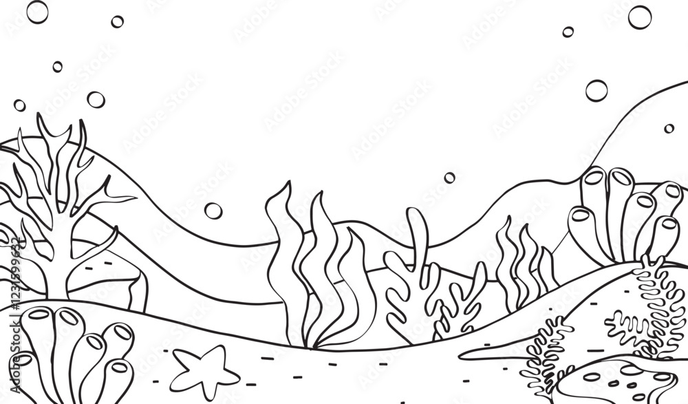 Hand drawn undersea background. Black and white line art drawing of ...