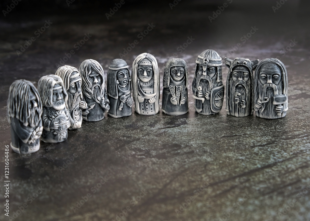 old ritual stone idols close up on abstract dark background. gods ...