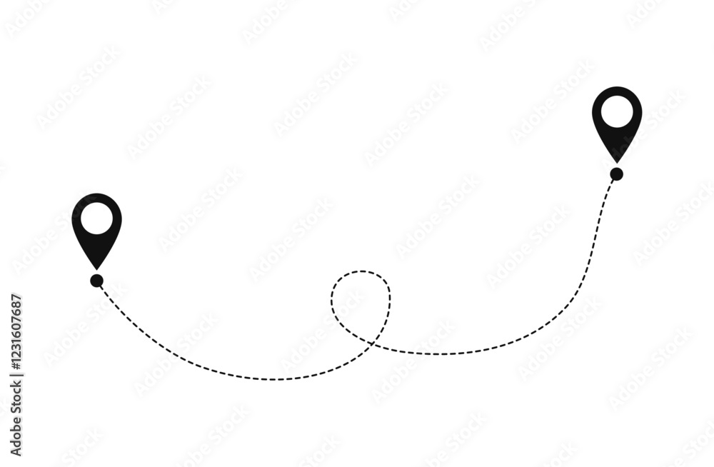 Vector de Stock Route icon between two points with a dotted path and location pin in black color ...