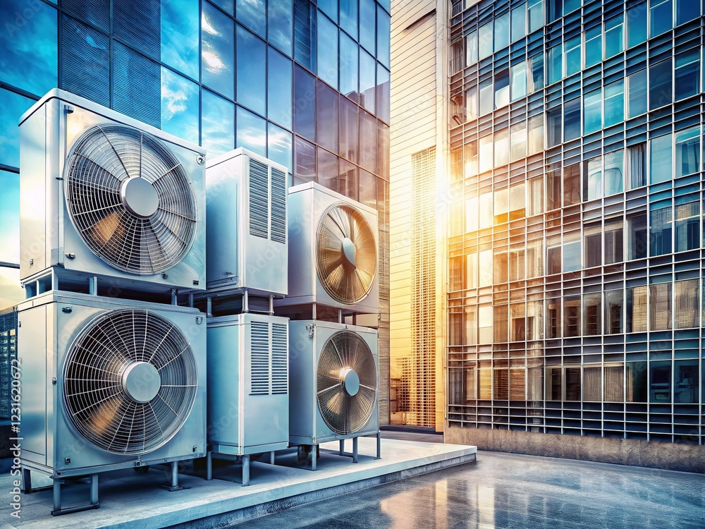 Double Exposure: Air Conditioner Units & Modern Building Facade Stock ...