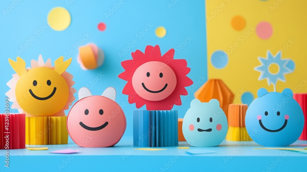 Brightly colored smiley face paper cutouts with different expressions ...