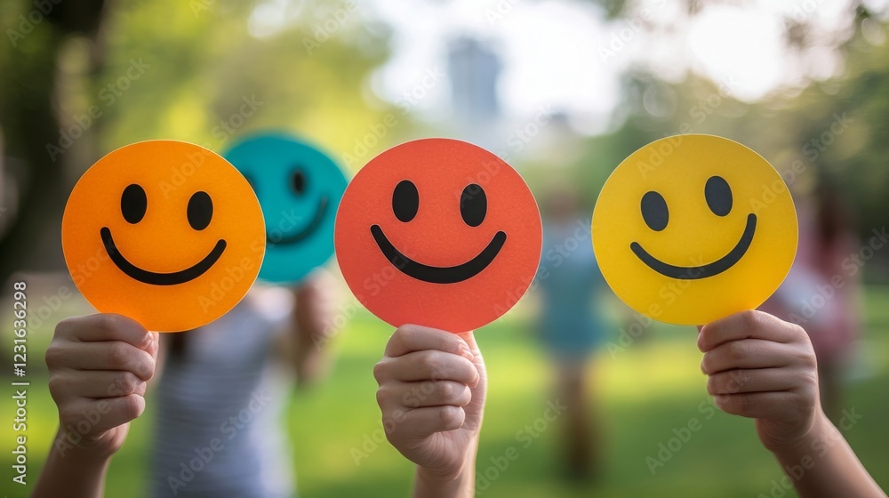 People holding smiley face paper cutouts, smiling emojis, bright color ...