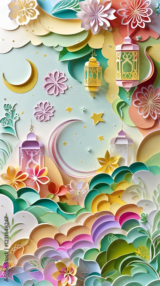 3D papercut style. colorful pastel color. Eid and ramadan kareem design ...